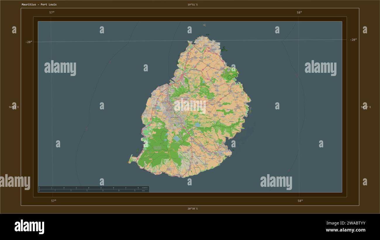 Mauritius highlighted on a topographic, OSM France style map map with ...