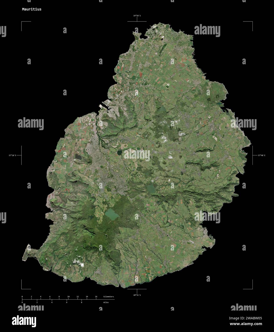 Shape of a low resolution satellite map of the Mauritius, with distance ...