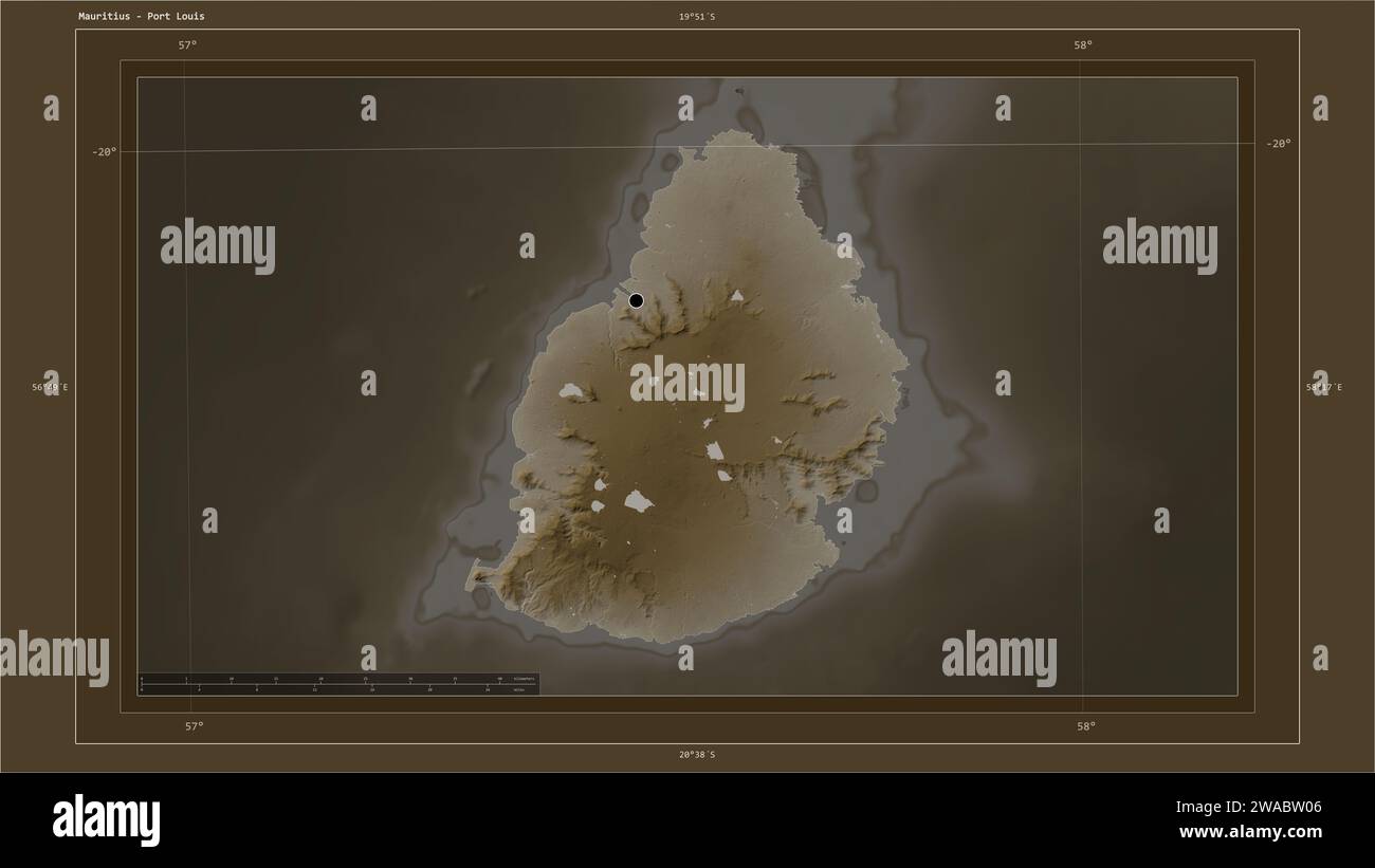 Mauritius highlighted on a elevation map colored in sepia tones with ...