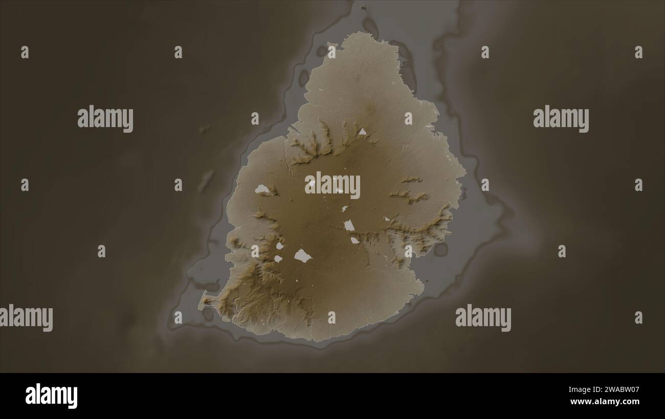 Mauritius highlighted on a elevation map colored in sepia tones with lakes and rivers Stock ...