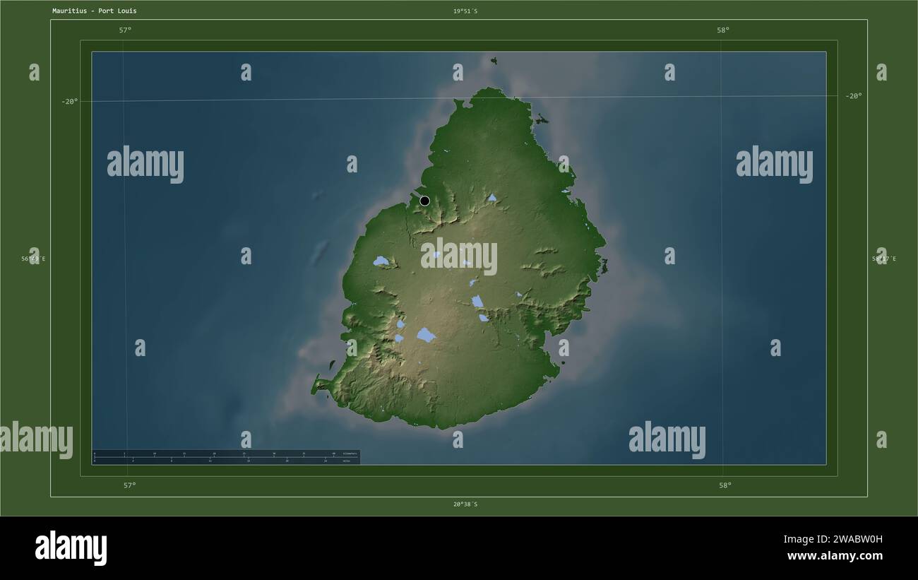 Mauritius highlighted on a Pale colored elevation map with lakes and rivers map with the country ...