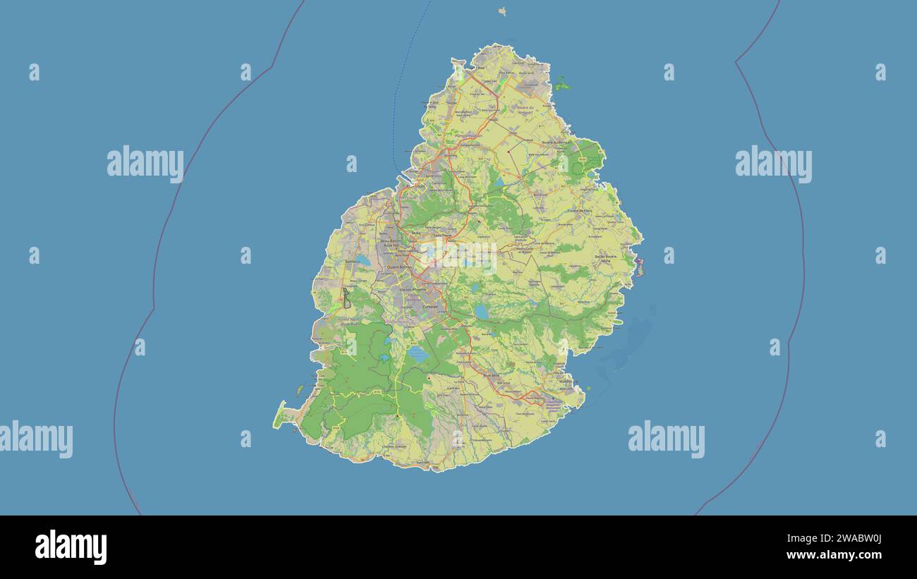 Mauritius outlined on a topographic, OSM standard style map Stock Photo - Alamy