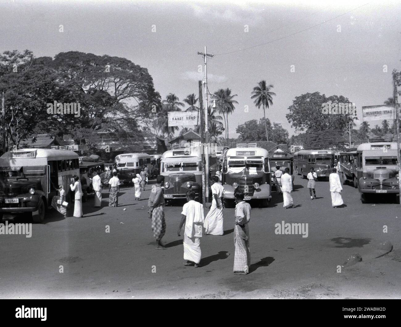1953, historical, buses of the era parked up at transport hub in ...