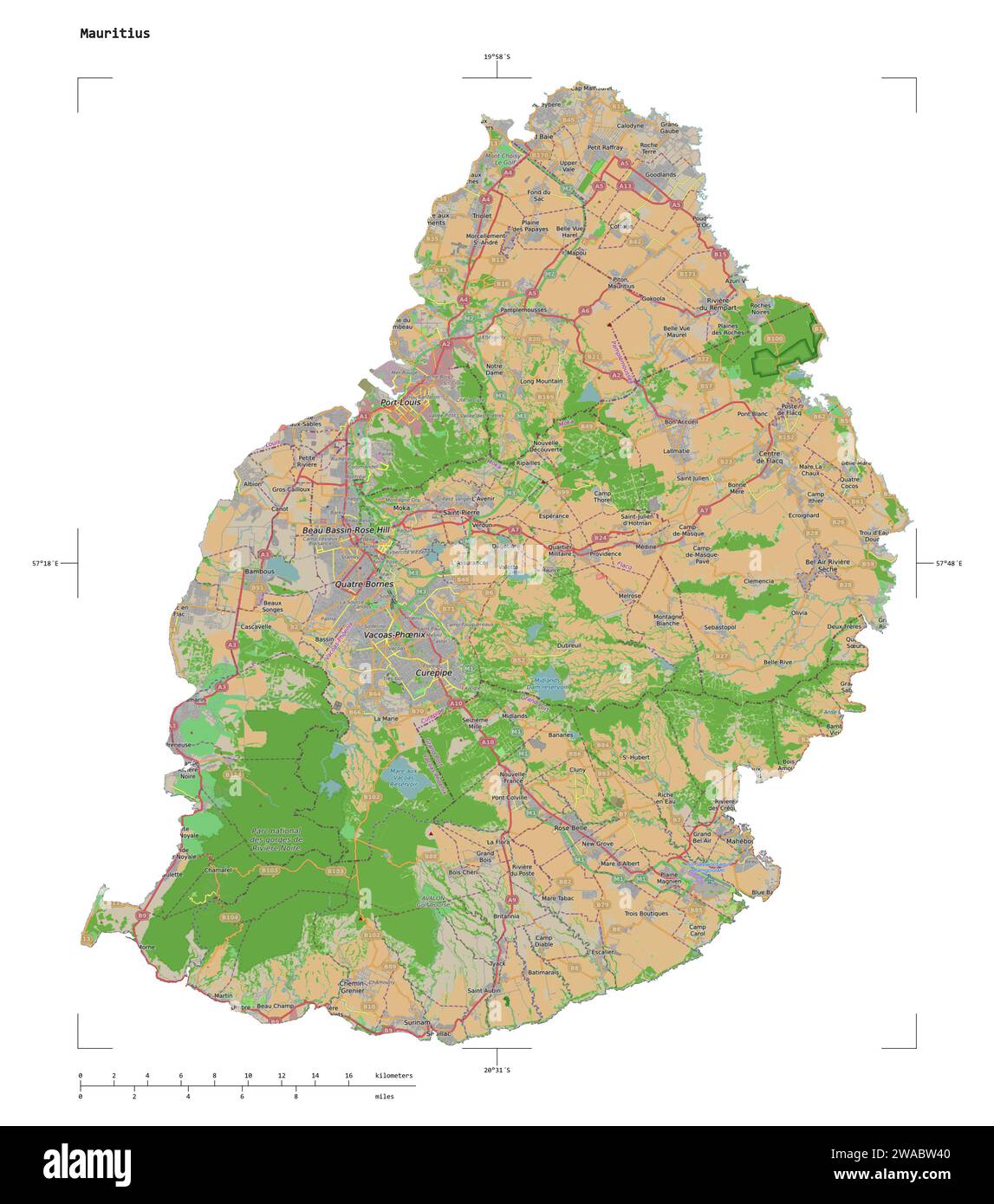 Shape of a topographic, OSM France style map of the Mauritius, with ...