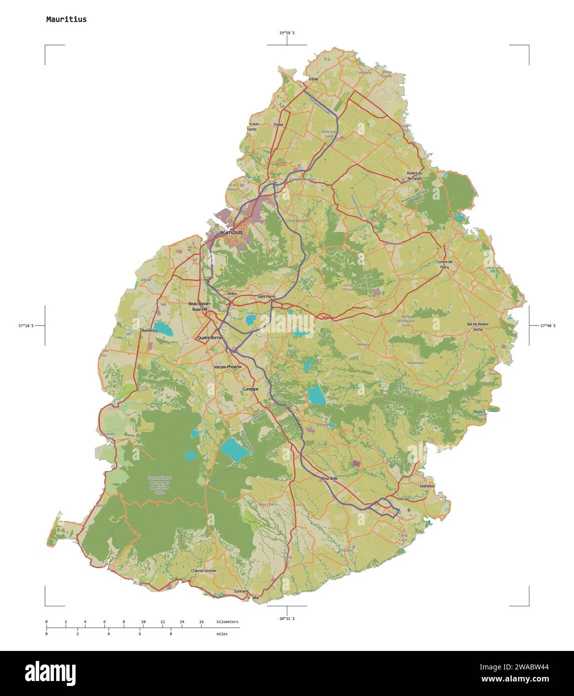 Shape of a topographic, OSM Humanitarian style map of the Mauritius ...