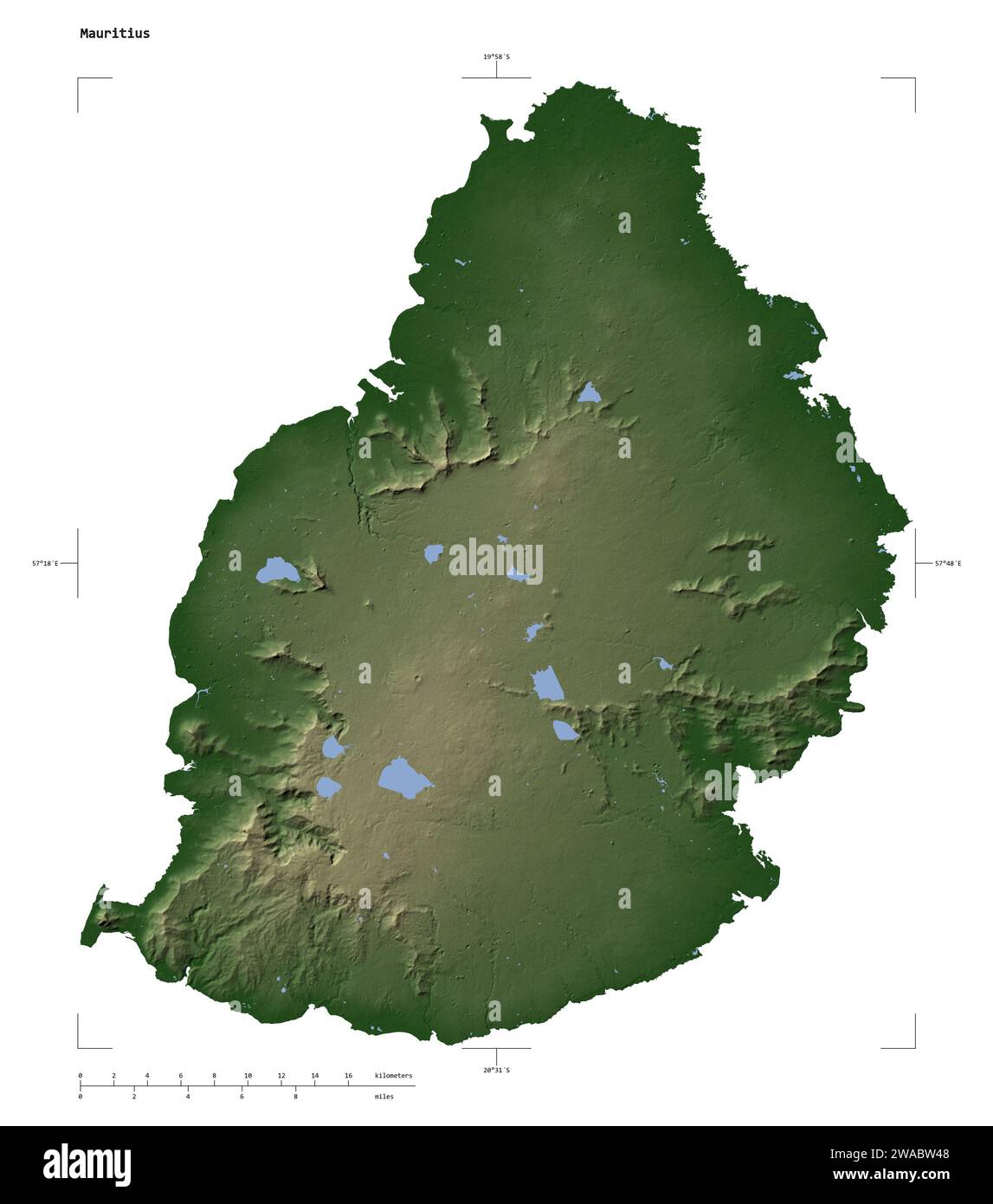 Shape of a Pale colored elevation map with lakes and rivers of the Mauritius, with distance ...