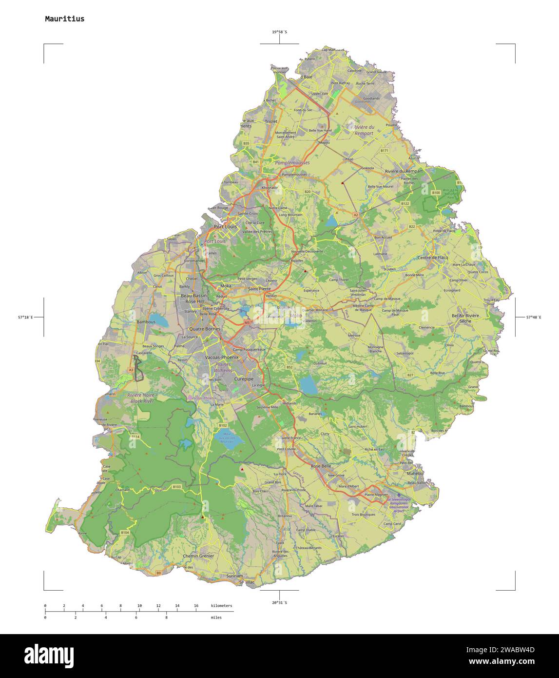 Shape of a topographic, OSM standard style map of the Mauritius, with ...