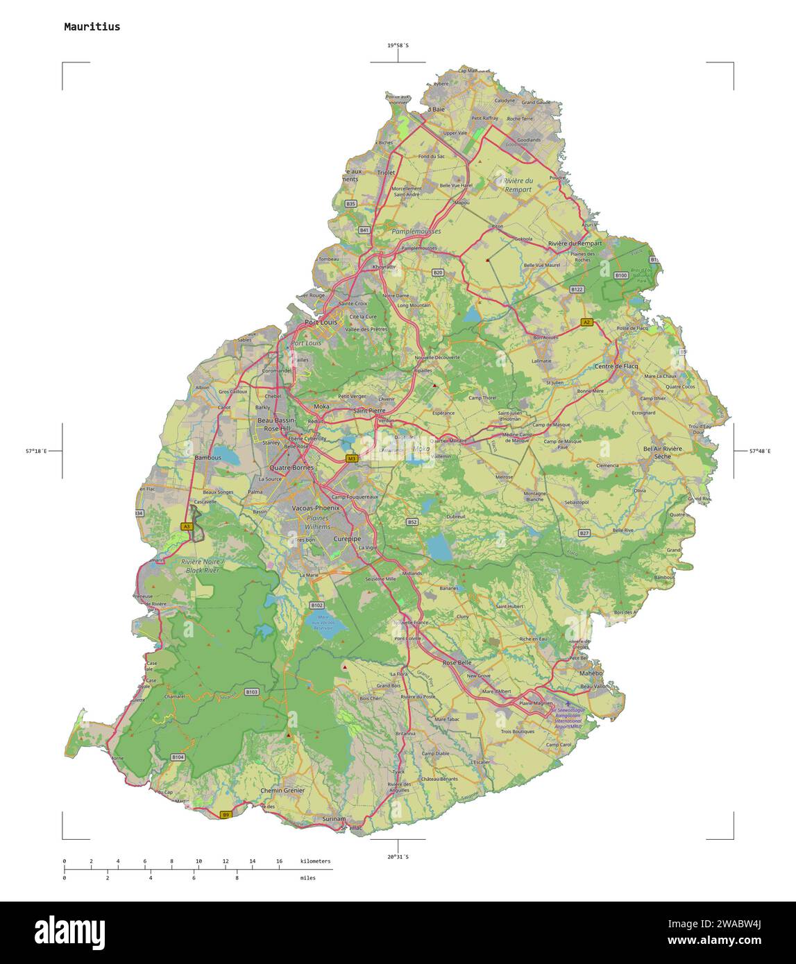 Shape of a topographic, OSM Germany style map of the Mauritius, with ...