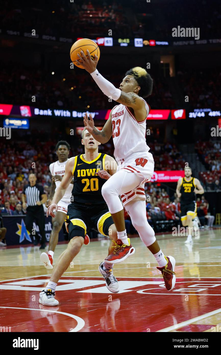 Madison, WI, USA. 2nd Jan, 2024. Wisconsin Badgers guard Chucky Hepburn ...