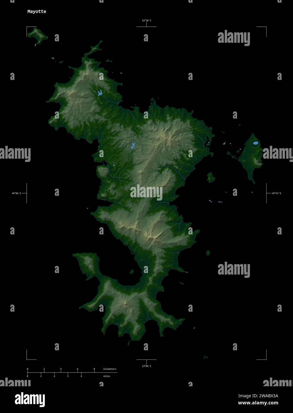 Shape of a Colored elevation map with lakes and rivers of the Mayotte ...