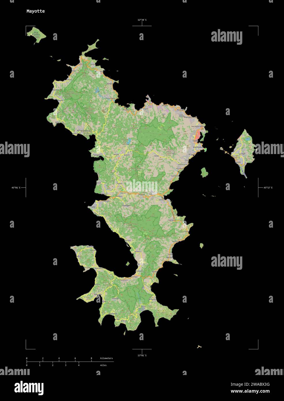 Shape of a topographic, OSM standard style map of the Mayotte, with ...