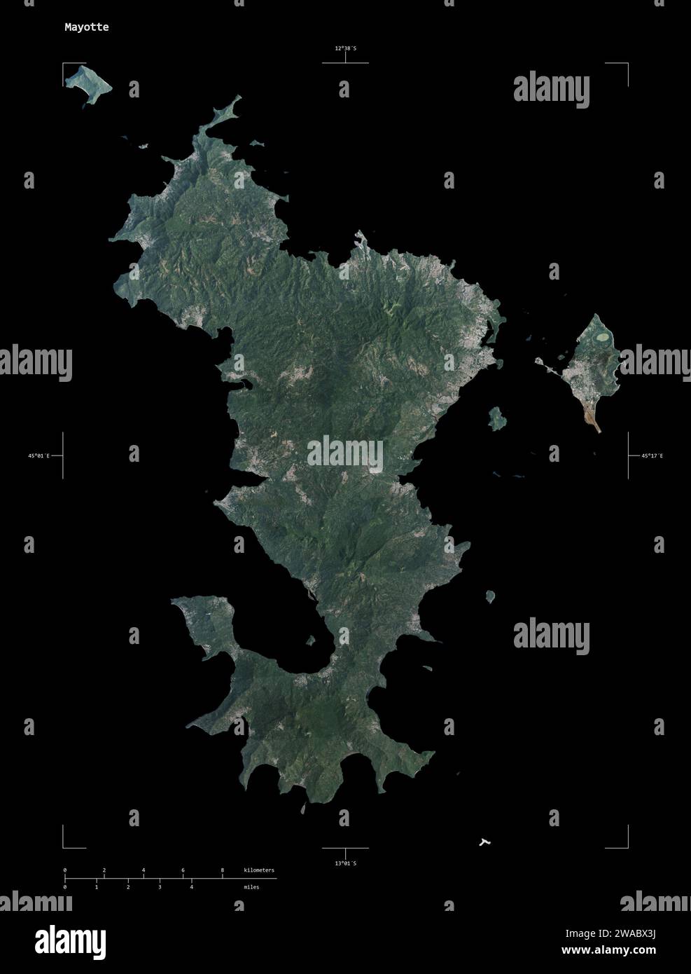 Shape of a high resolution satellite map of the Mayotte, with distance ...