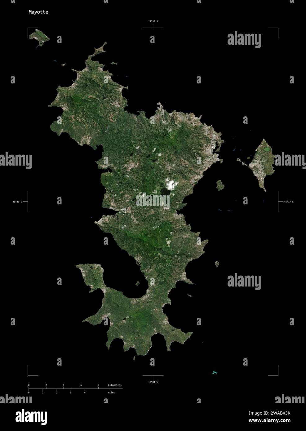 Shape of a low resolution satellite map of the Mayotte, with distance ...