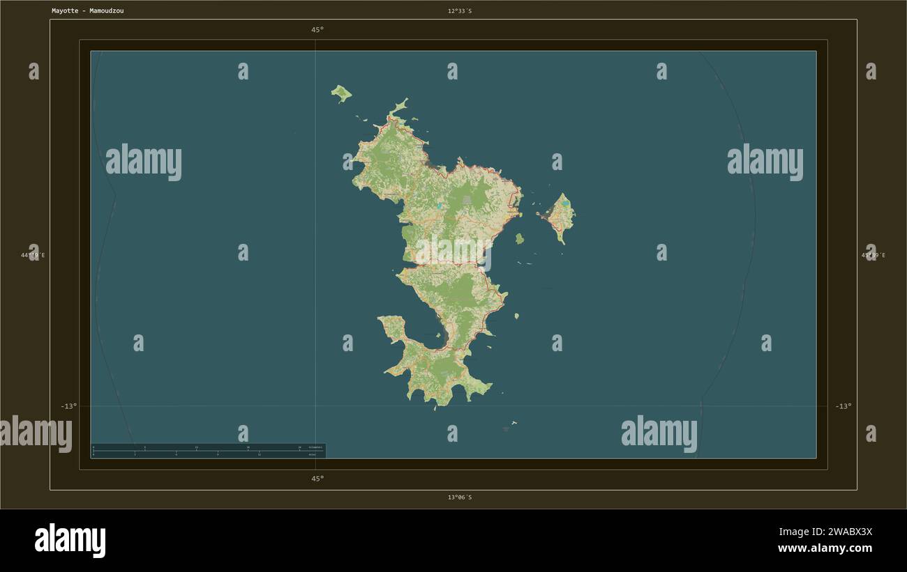 Mayotte highlighted on a topographic, OSM Humanitarian style map map ...