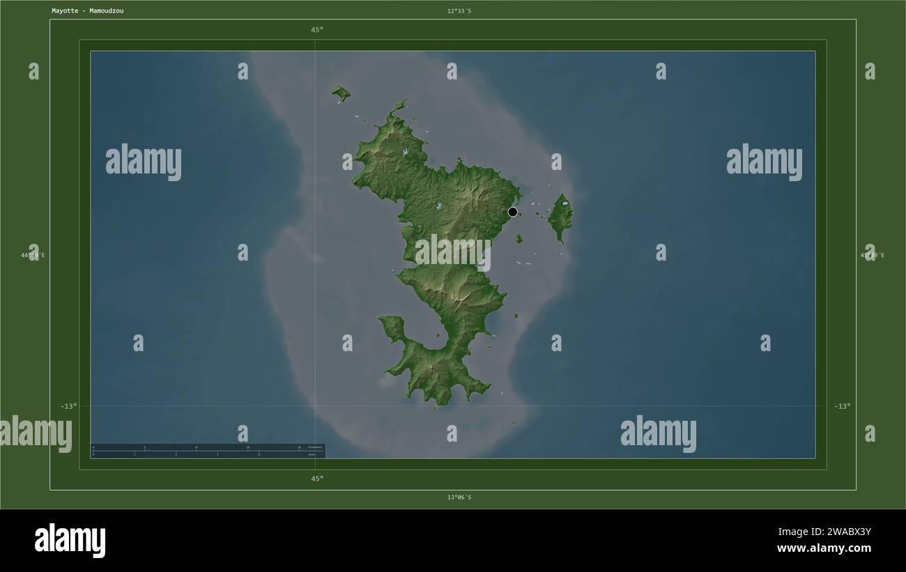 Mayotte highlighted on a Pale colored elevation map with lakes and ...