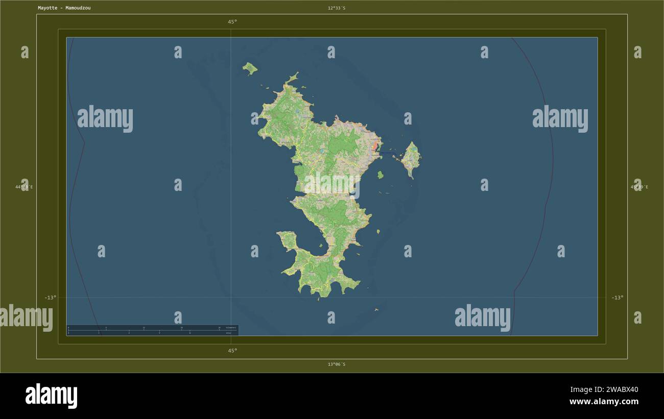 Mayotte highlighted on a topographic, OSM standard style map map with ...