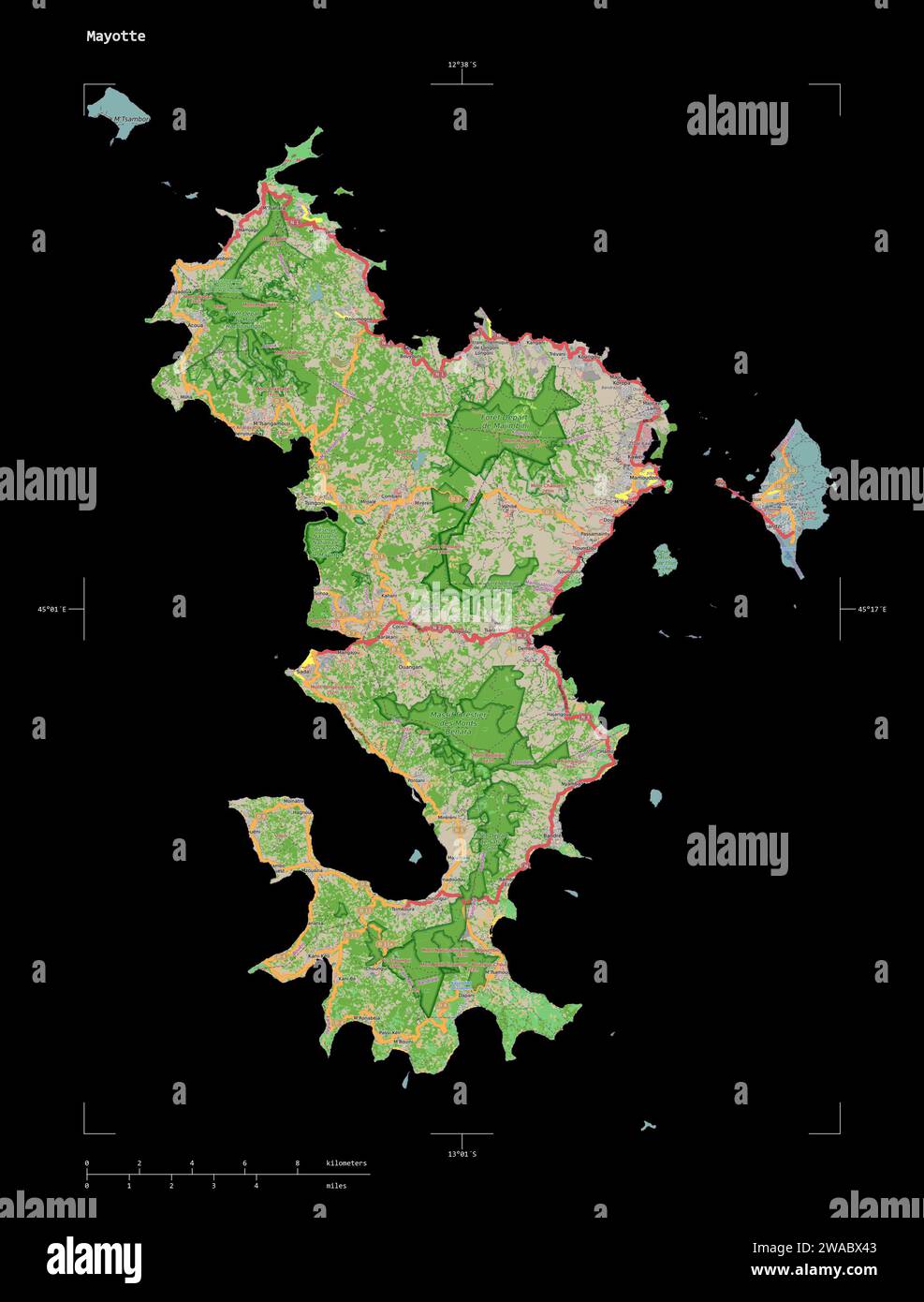 Shape of a topographic, OSM France style map of the Mayotte, with ...