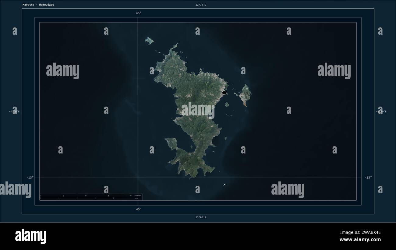 Mayotte highlighted on a high resolution satellite map map with the country's capital point ...