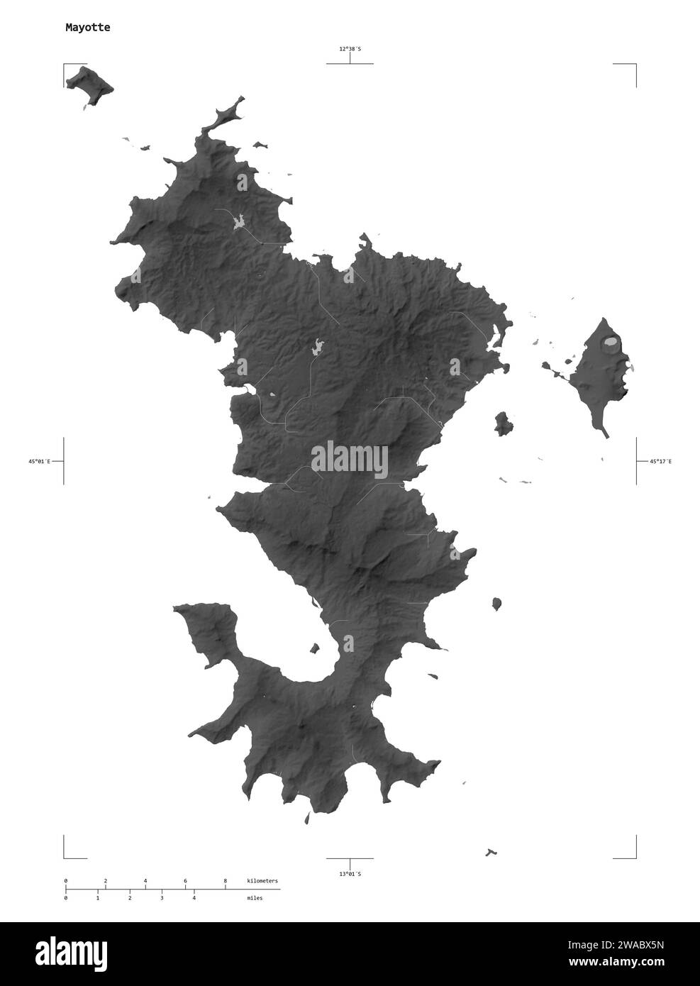 Shape of a Grayscale elevation map with lakes and rivers of the Mayotte ...