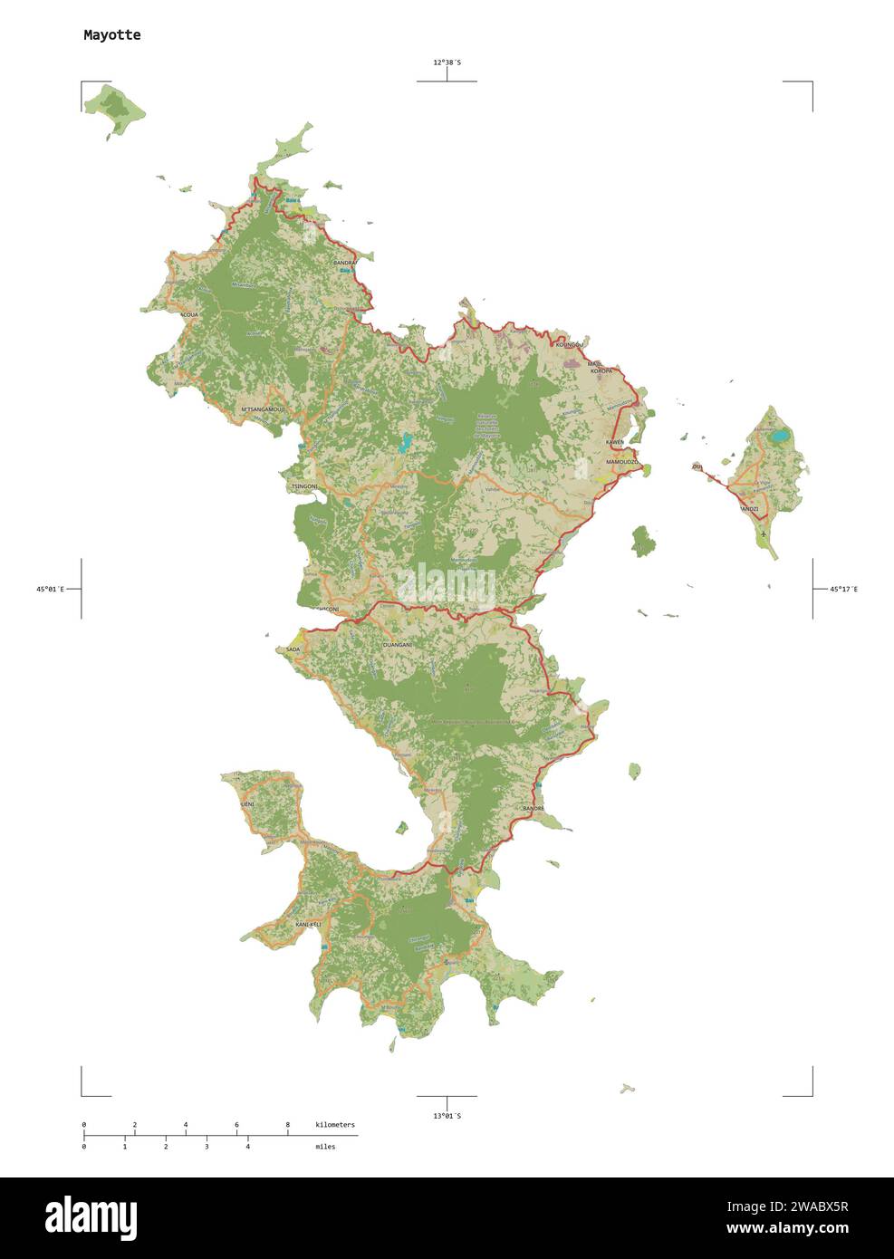 Shape of a topographic, OSM Humanitarian style map of the Mayotte, with ...