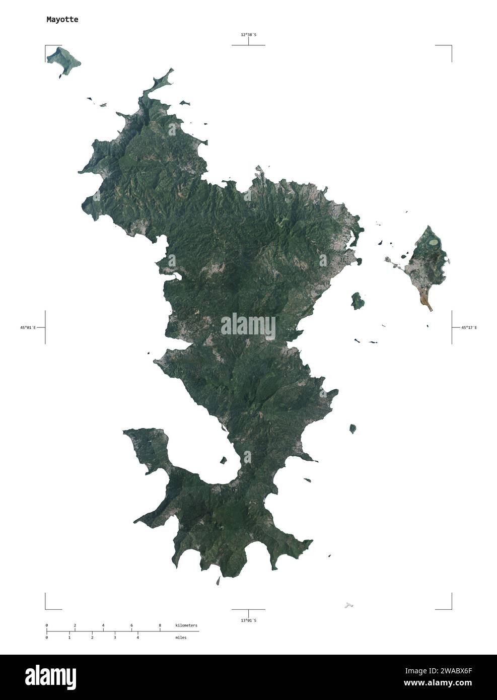 Shape of a high resolution satellite map of the Mayotte, with distance ...