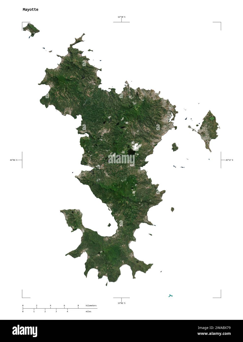 Shape of a low resolution satellite map of the Mayotte, with distance ...