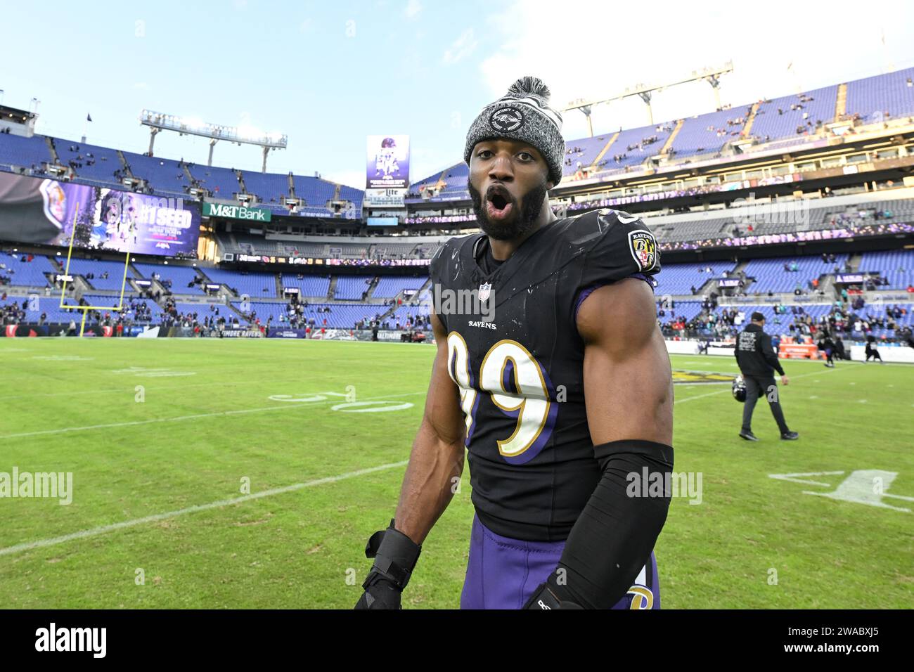 Baltimore Ravens linebacker Odafe Oweh (99) reacts after an NFL ...
