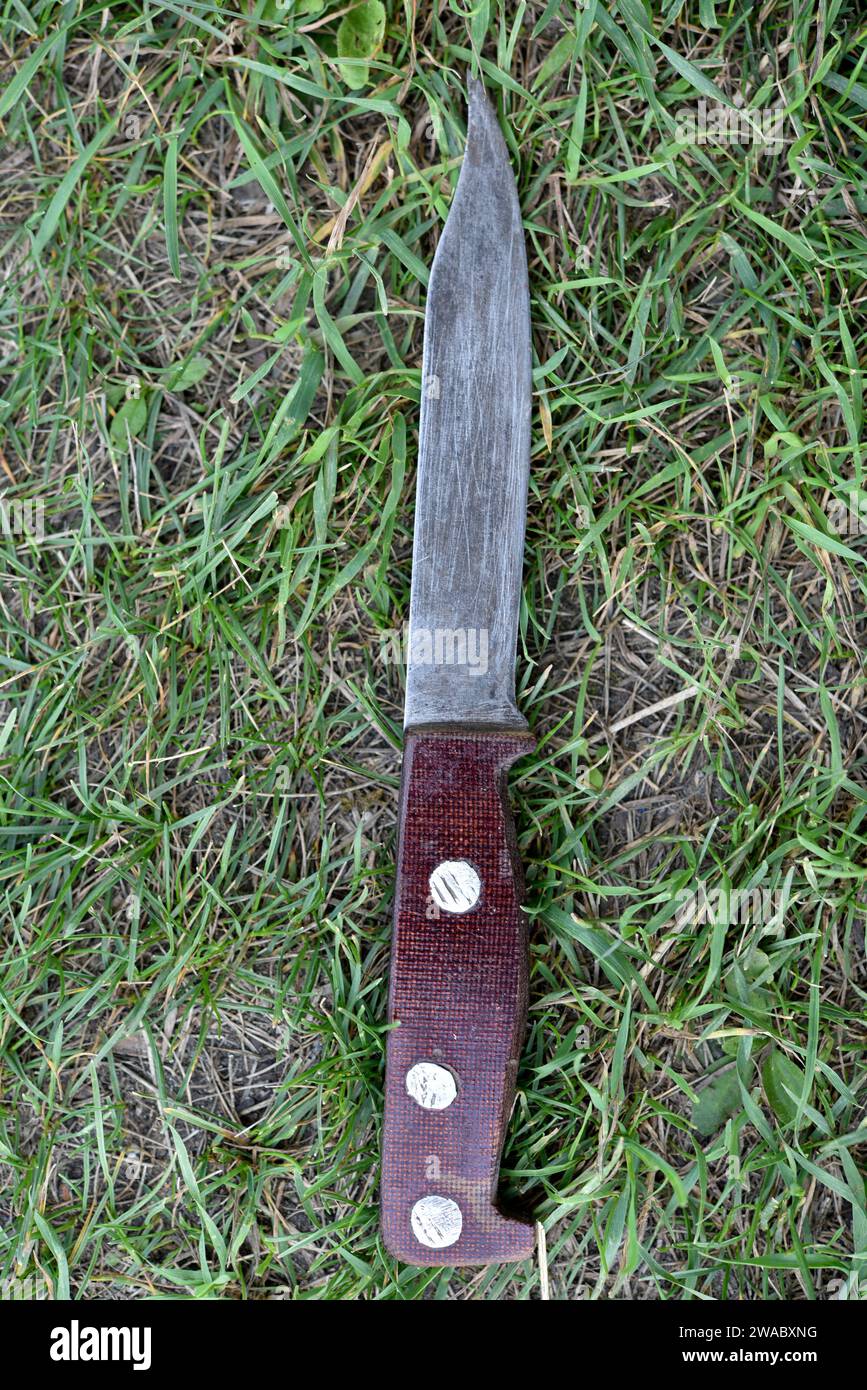 A homemade knife on the grass. An iron knife with a handle Stock Photo ...
