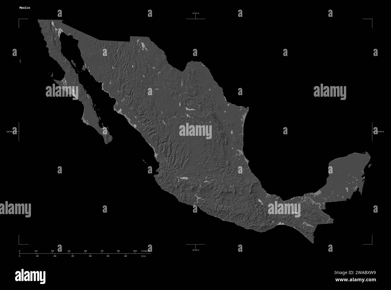 Shape of a Bilevel elevation map with lakes and rivers of the Mexico ...