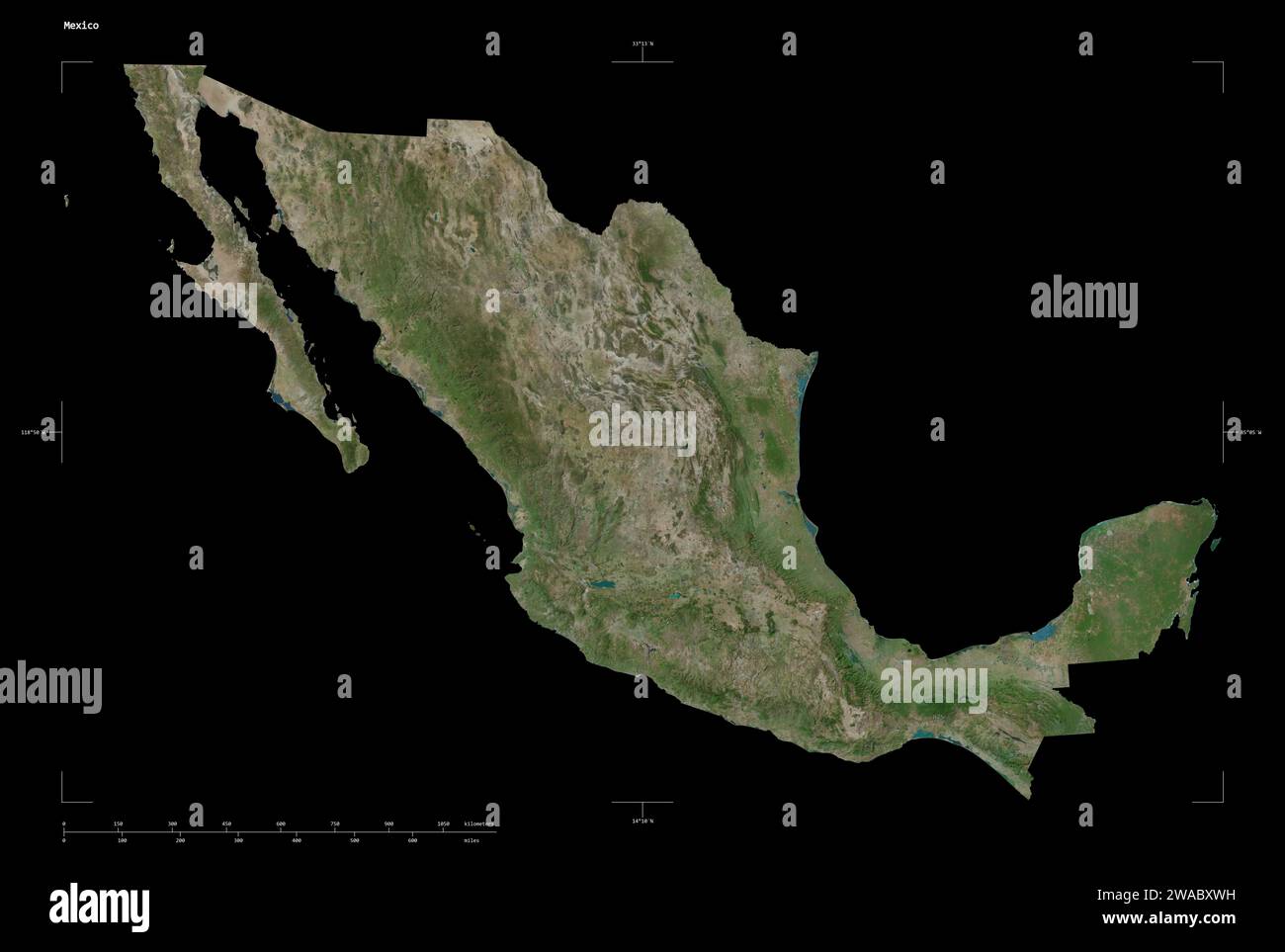 Shape of a high resolution satellite map of the Mexico, with distance ...