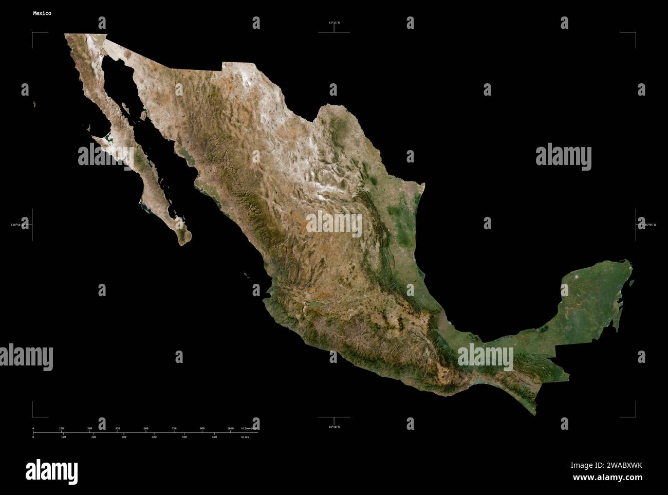 Shape of a low resolution satellite map of the Mexico, with distance ...