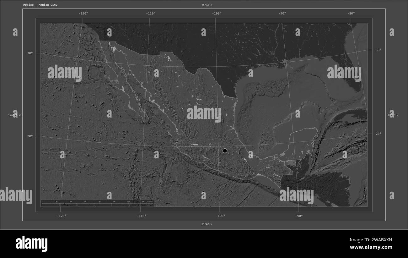 Mexico highlighted on a Bilevel elevation map with lakes and rivers map ...