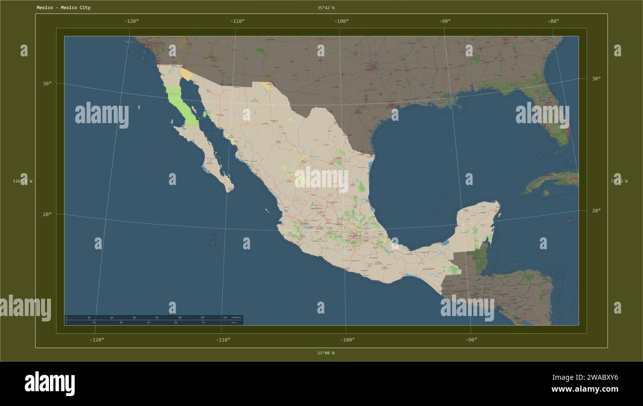 Mexico highlighted on a topographic, OSM standard style map map with ...