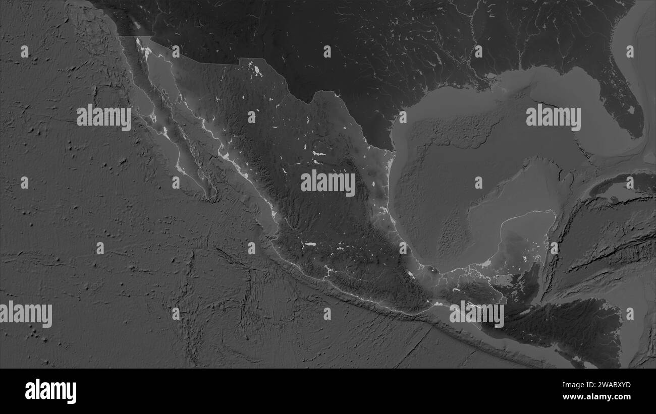 Mexico highlighted on a Grayscale elevation map with lakes and rivers ...