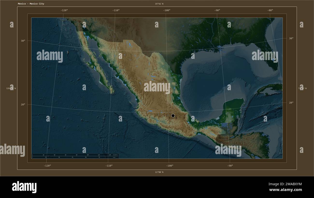 Mexico highlighted on a Colored elevation map with lakes and rivers map ...