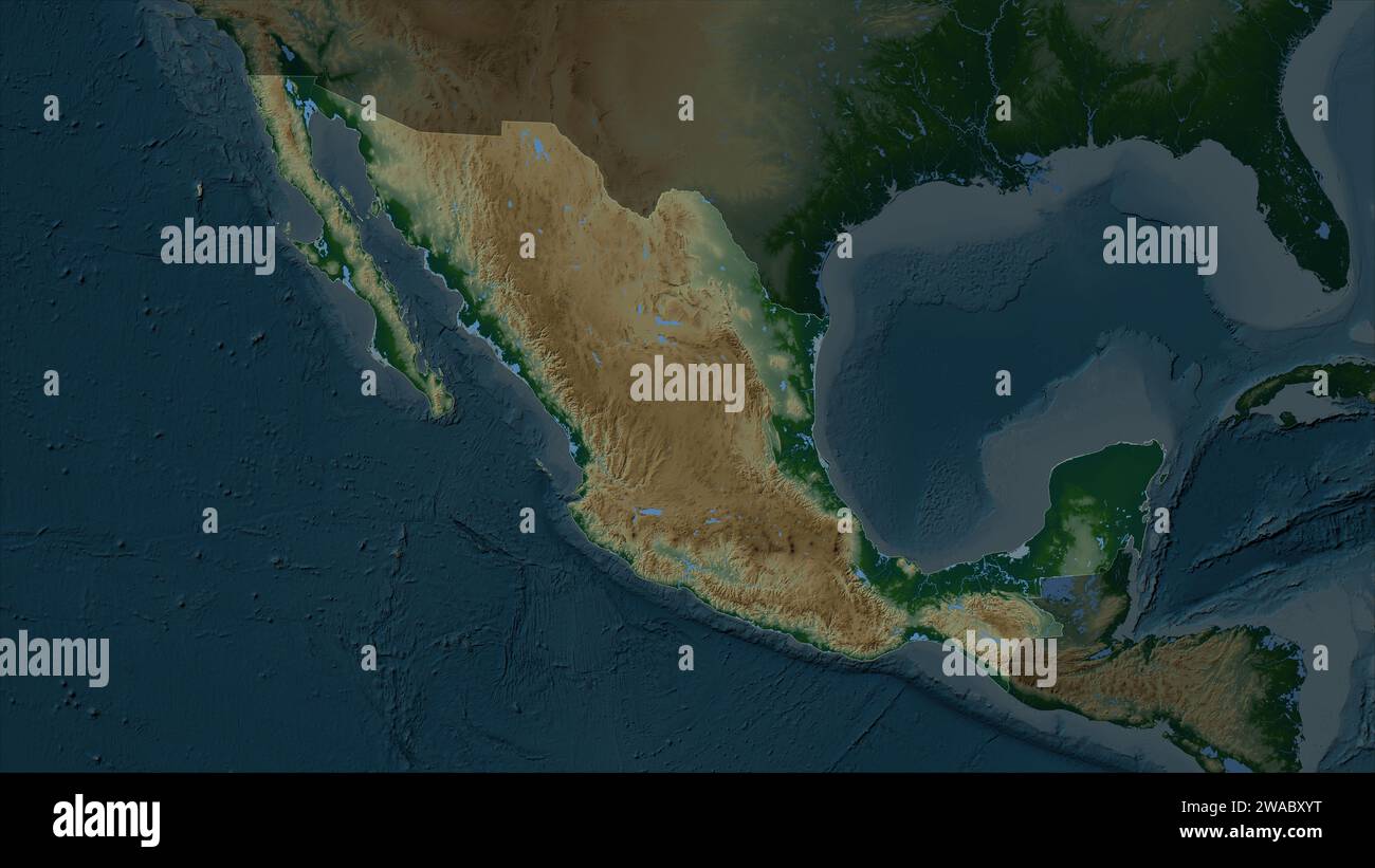 Mexico highlighted on a Colored elevation map with lakes and rivers ...