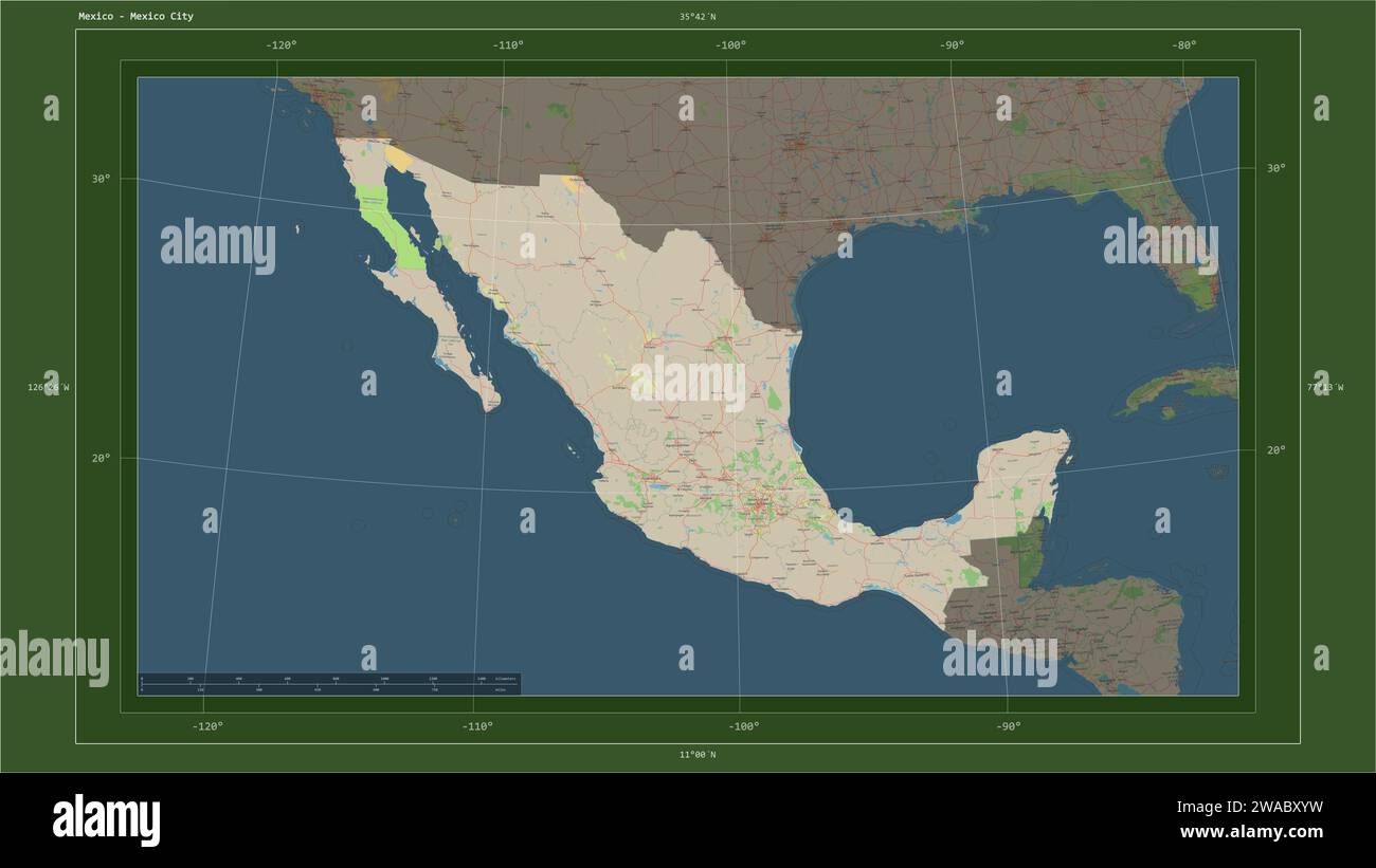 Mexico highlighted on a topographic, OSM Germany style map map with the ...
