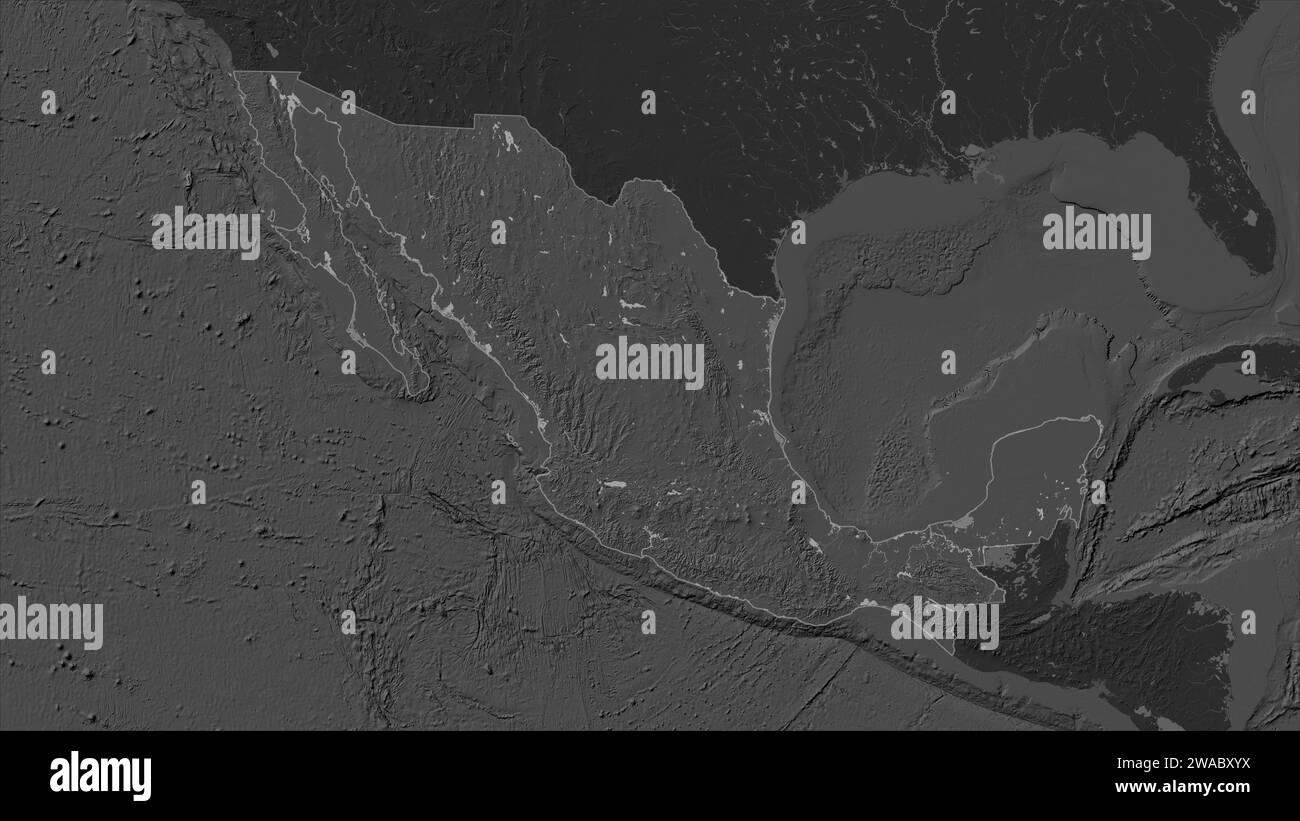 Mexico highlighted on a Bilevel elevation map with lakes and rivers ...