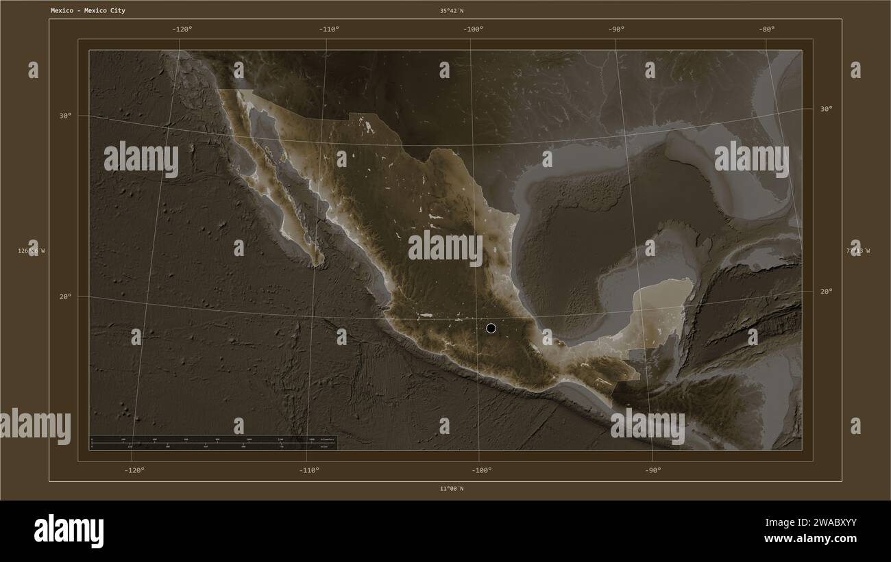 Mexico highlighted on a elevation map colored in sepia tones with lakes ...