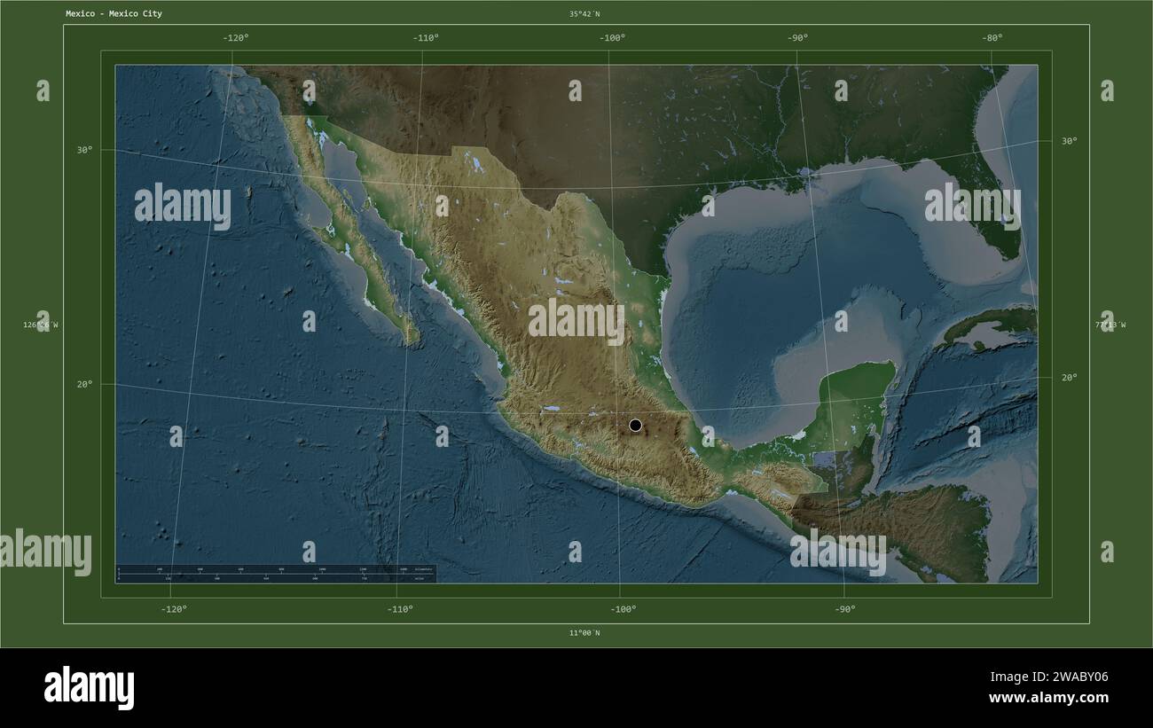 Mexico highlighted on a Pale colored elevation map with lakes and ...
