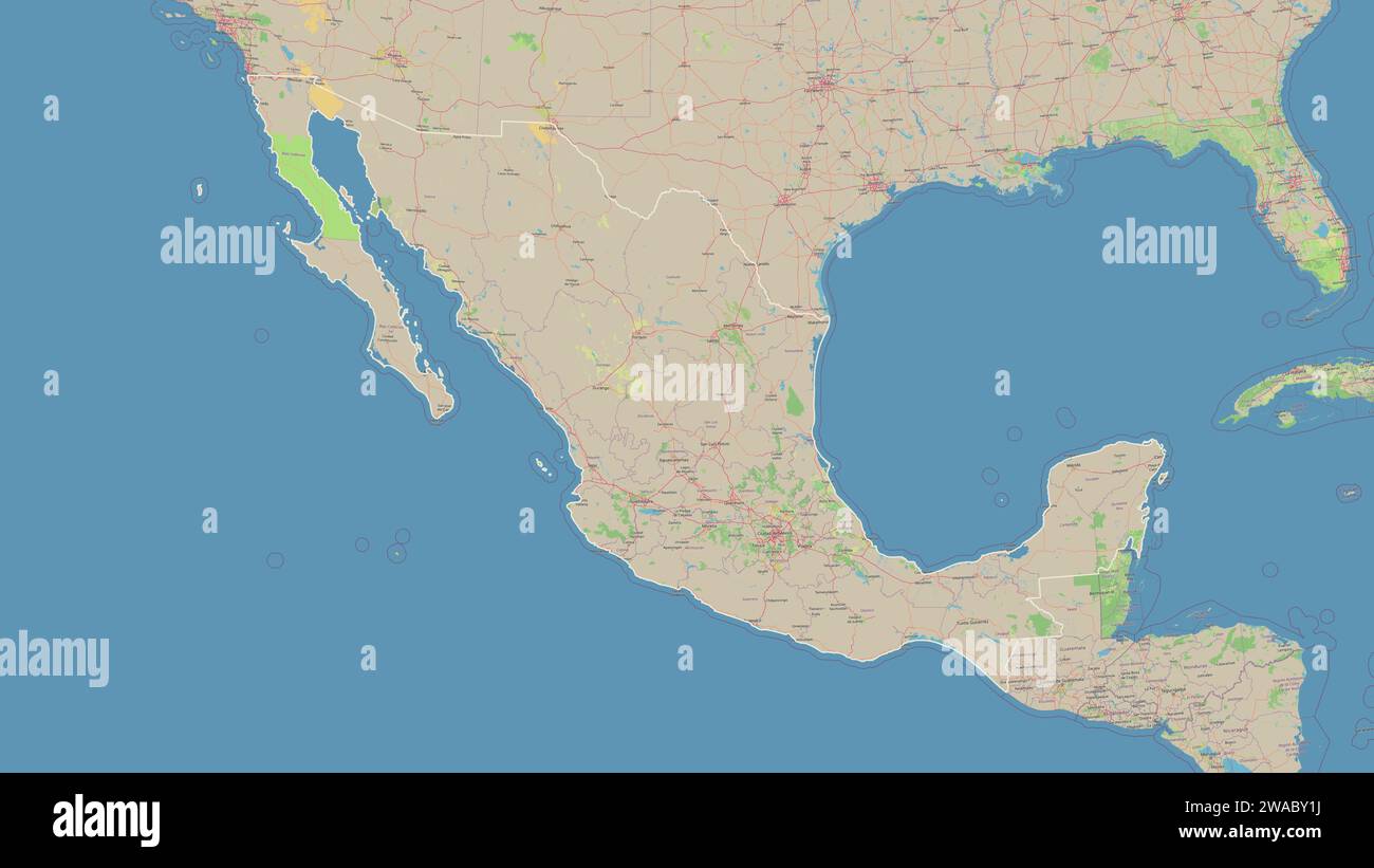Mexico outlined on a topographic, OSM standard style map Stock Photo ...