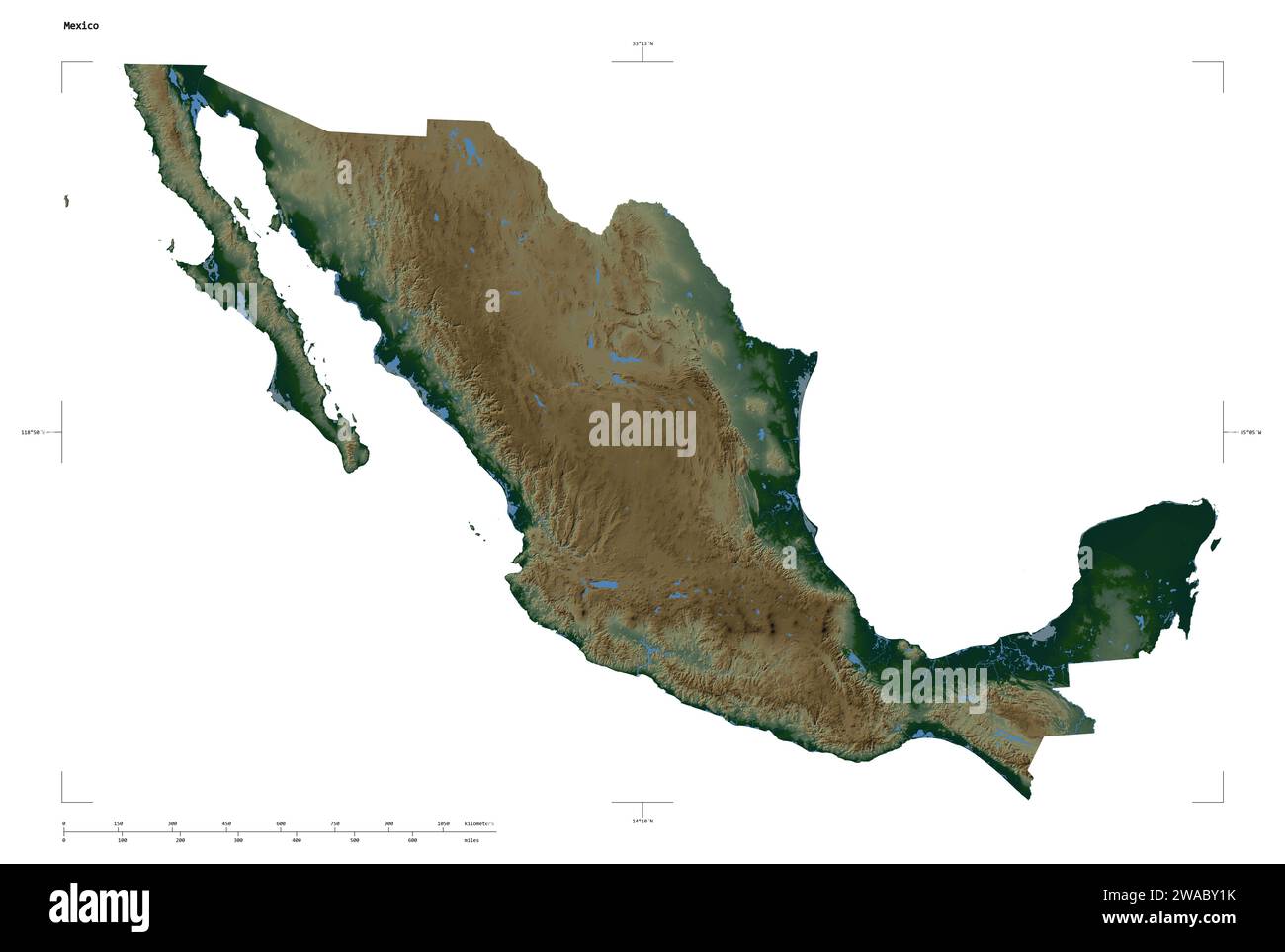 Shape of a Colored elevation map with lakes and rivers of the Mexico ...