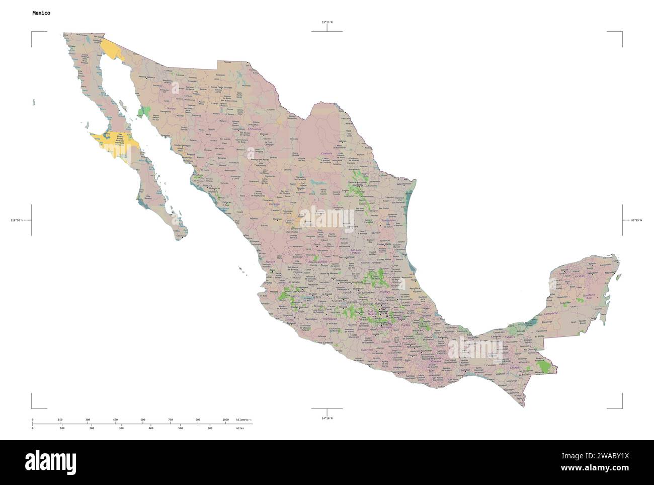 Shape of a topographic, OSM France style map of the Mexico, with ...