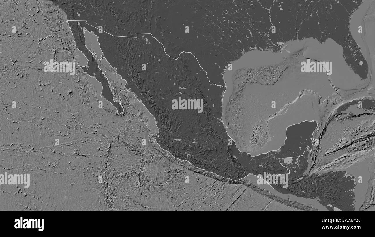 Mexico outlined on a Bilevel elevation map with lakes and rivers Stock ...