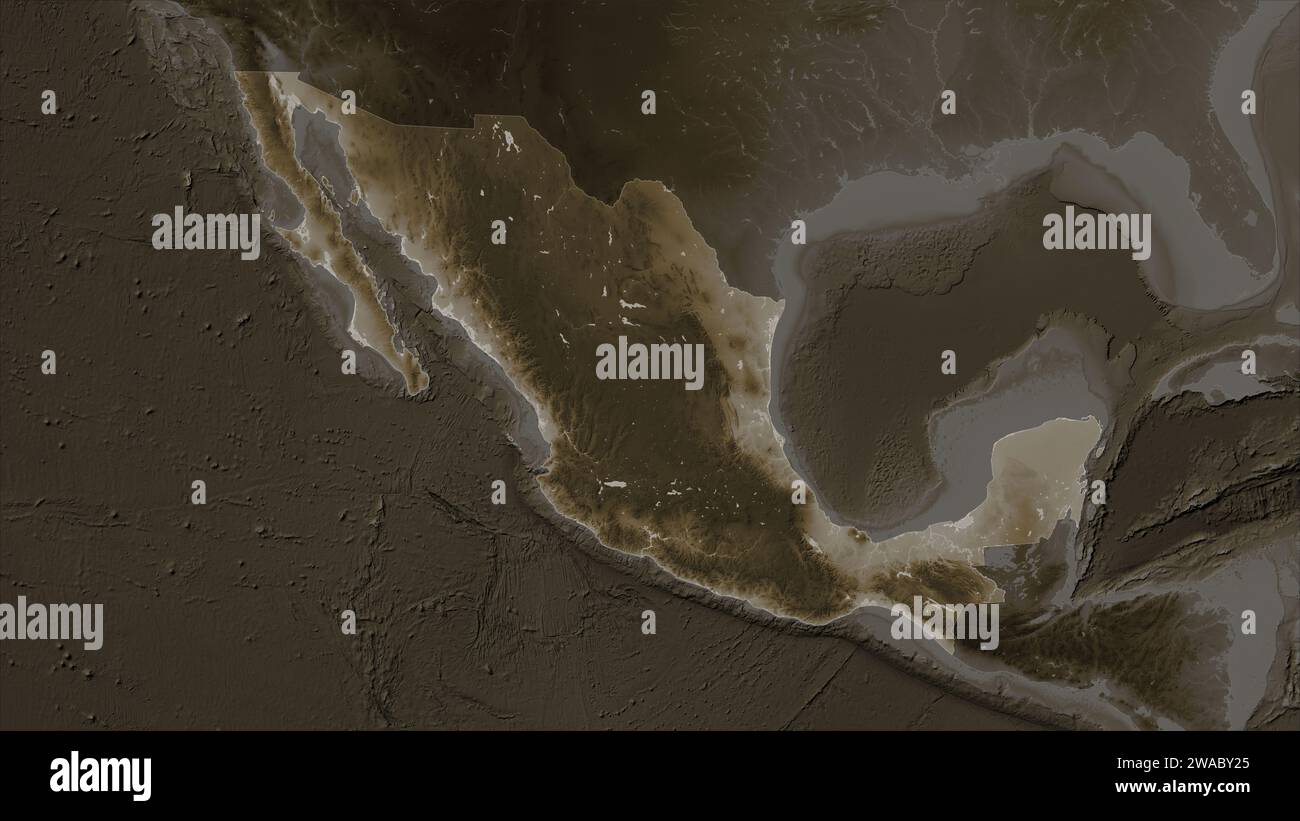 Mexico highlighted on a elevation map colored in sepia tones with lakes ...