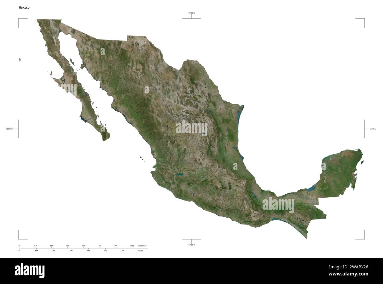 Shape of a high resolution satellite map of the Mexico, with distance ...