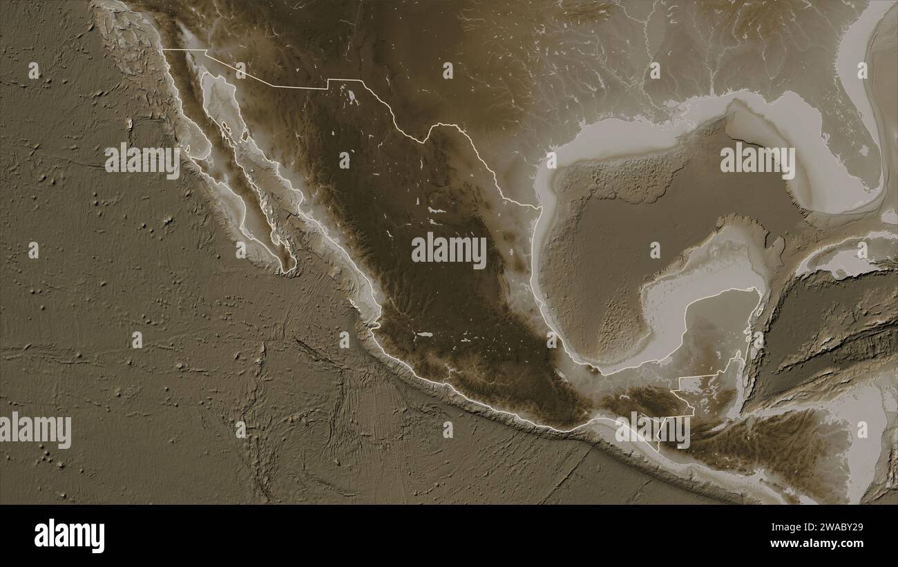 Mexico outlined on a elevation map colored in sepia tones with lakes ...