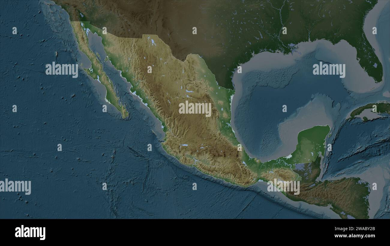 Mexico highlighted on a Pale colored elevation map with lakes and ...