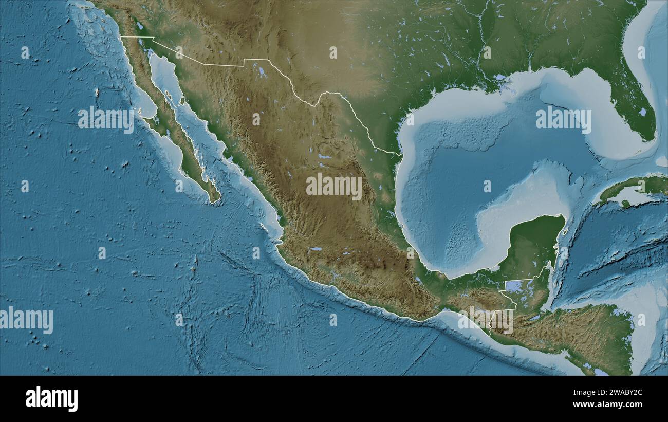 Mexico outlined on a Pale colored elevation map with lakes and rivers ...