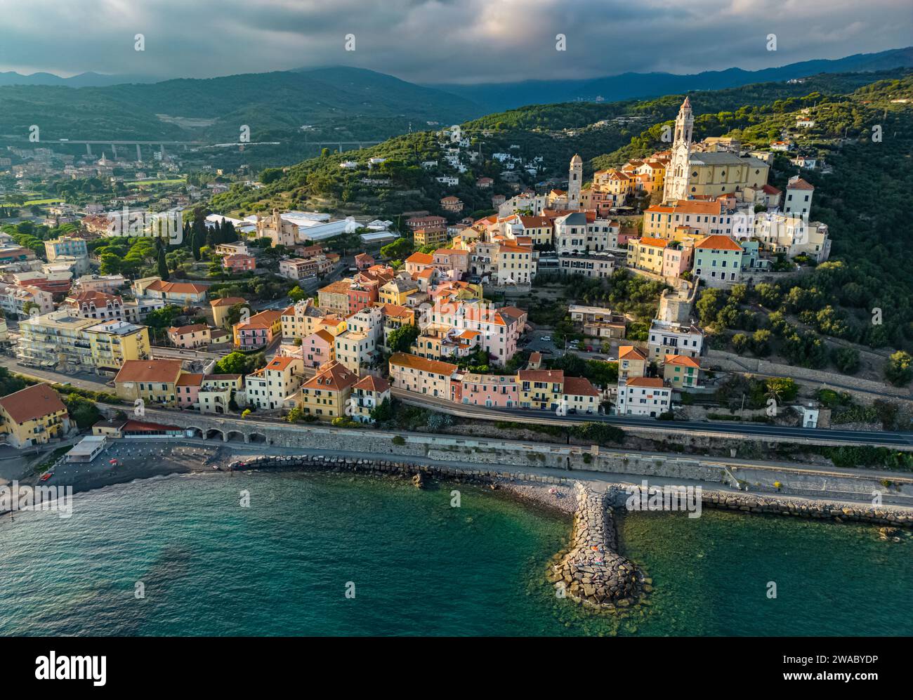 Aerial view of the village of Cervo on the Italian Riviera in the ...